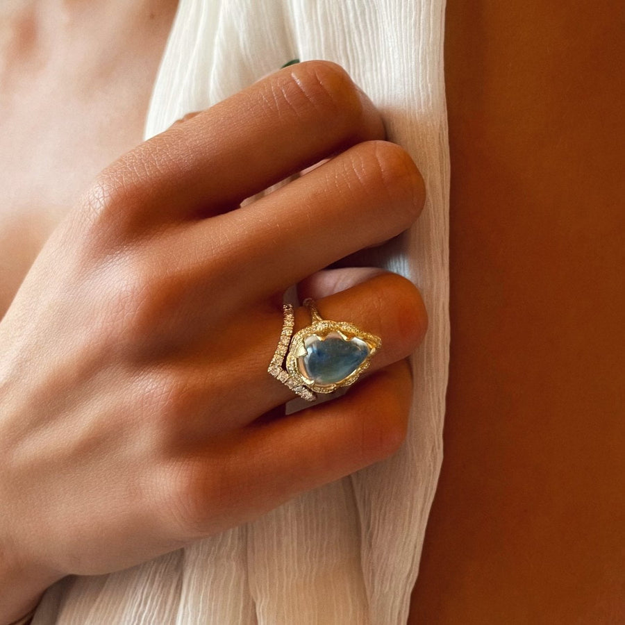 18k Queen Water Drop Blue Sheen Moonstone Ring with Full Pavé Halo – Logan Hollowell