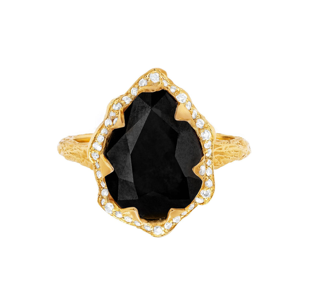 Queen Water Drop Onyx Ring with Full Pavé Diamond Halo – Logan Hollowell