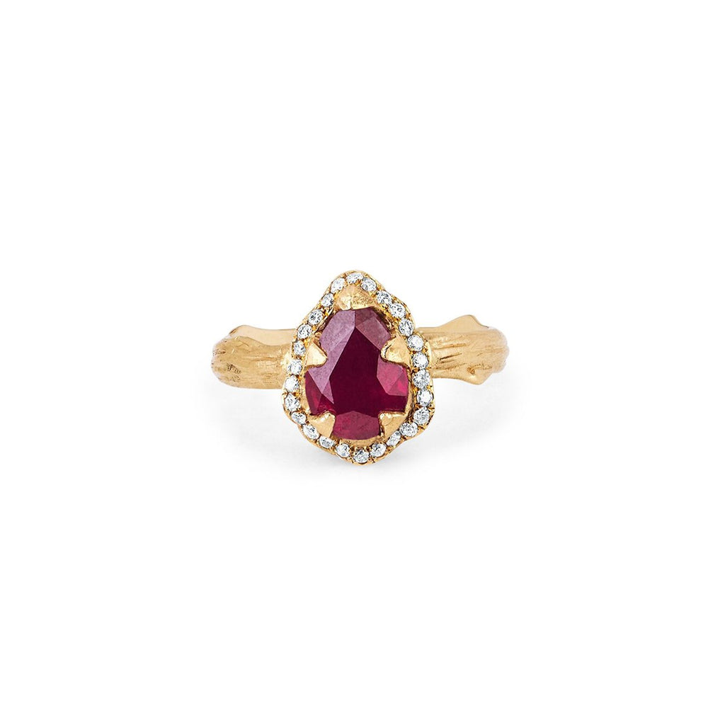 Micro Queen Water Drop Ruby Rose Thorn Ring with Full Pavé Diamond Hal ...